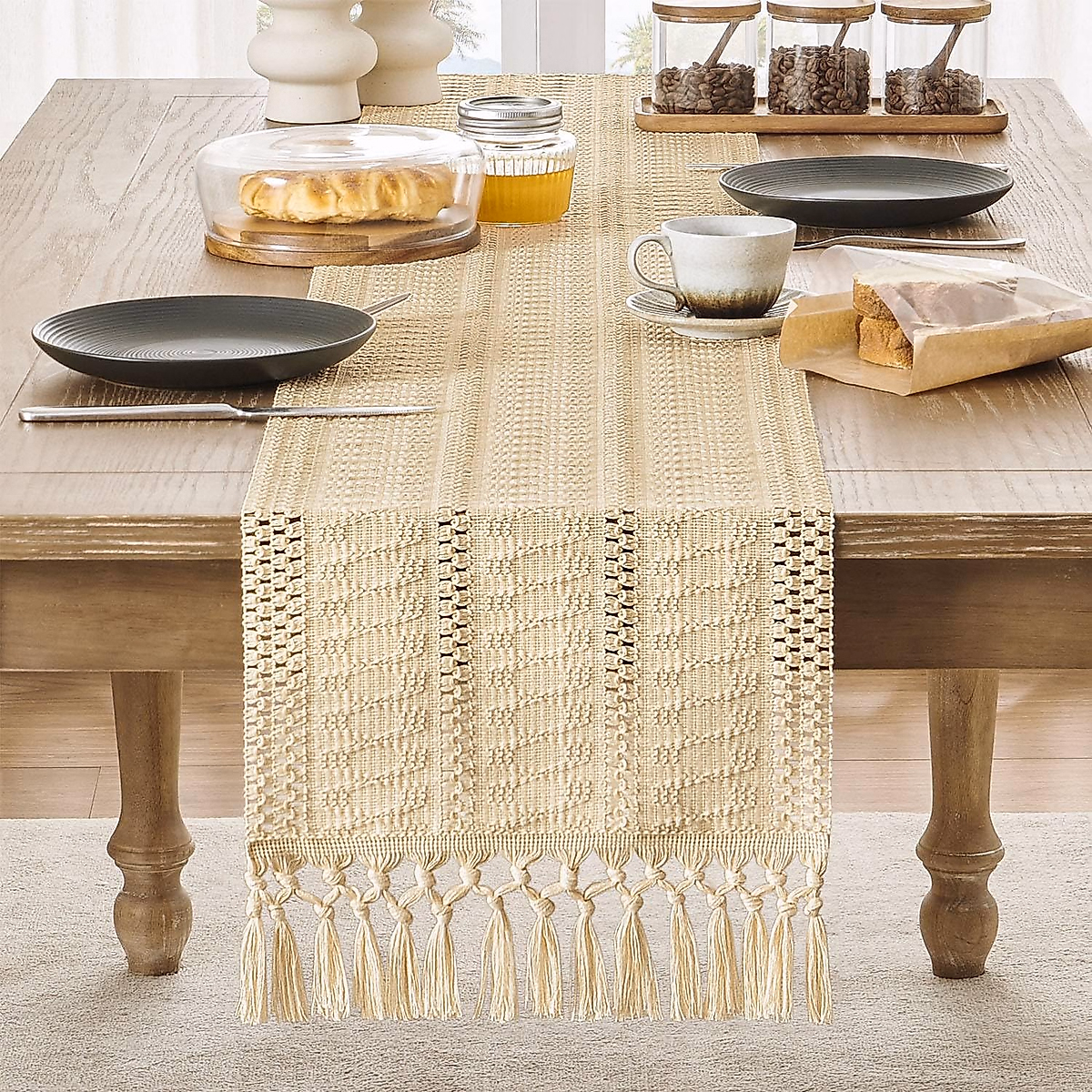 ZeeMart Macrame Style Boho Table Runner, Beige Table Runners 72 Inches Long, Farmhouse Woven Home Decor, 12x72 Inch, Beige