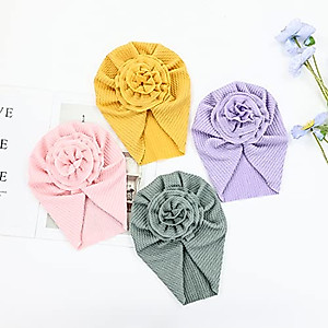 Cinaci 8 Pack Solid Striped Nursery Hospital Turban Hats with Flower Floral Caps Beanies Bonnets for Baby Girls Toddlers Infants