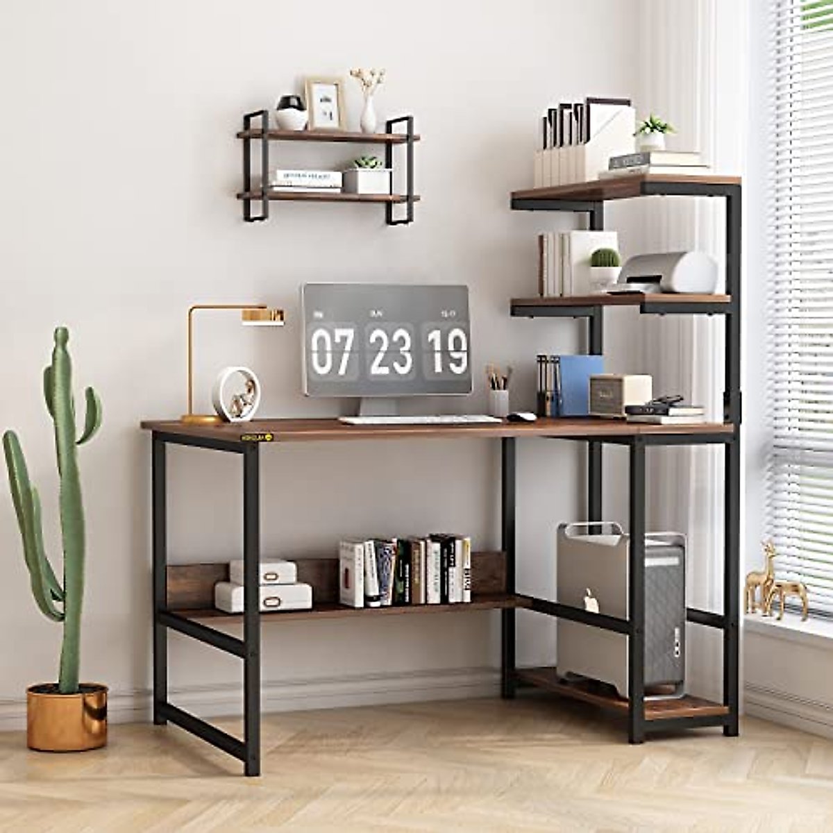 YQ JENMW Computer Desk with 4 Tier Shelves,43.3 Inch Study Table Desk with Storage Shelf,Study Gaming Storage Table Writing Desk with Bookshelf for Home Office Bedroom, Brown