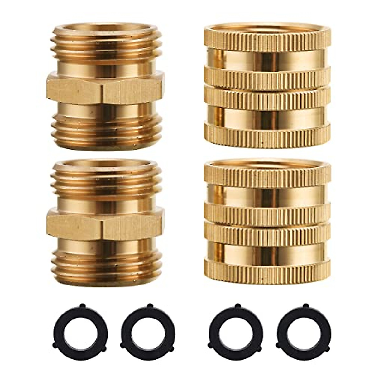 PWACCS Garden Hose Adapter, Male to Male, Female to Female, 3/4 Inch Solid Brass Hose Connectors Adapters, 4-Pack with Extra 4 Washers