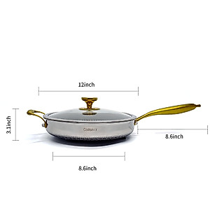 Cooksavor Hybrid Non Stick 12 inch Frying Pan with Lid, Stay-Cool Handle, PFOA-Free Cookware, Woks & Stir-fry Pans Nonstick, Dishwasher and Oven Safe