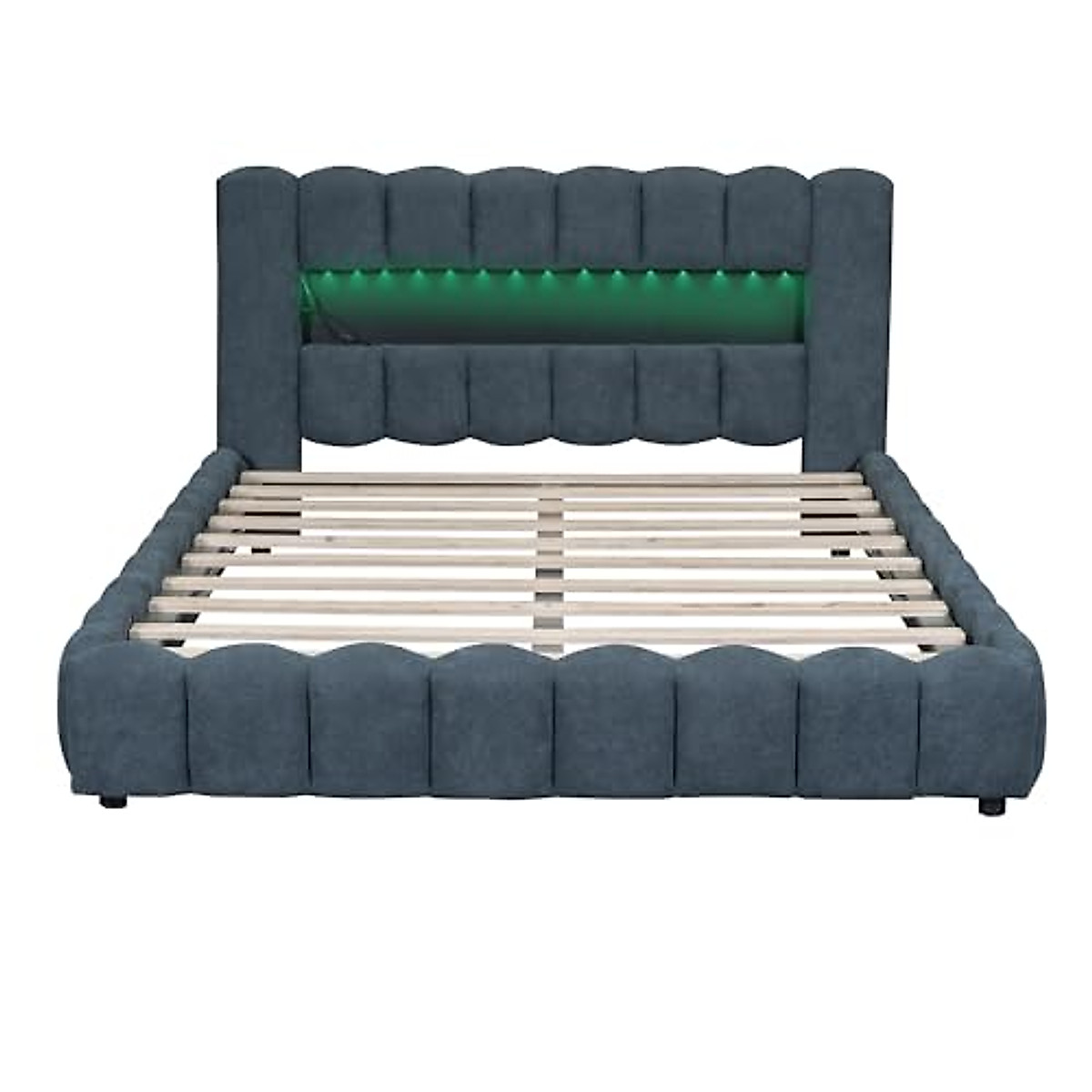 HAUSHECK Upholstered Bed Frame Queen Size with Large Underneath Storage, LED Headboard and USB Ports, Queen Floor Bed Frame w/Wooden Slats Support, Modern Platform Bed No Box Spring Needed