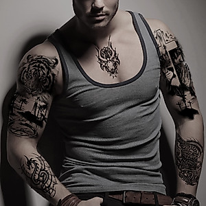 72 Sheets Half Sleeve Temporary Tattoos for Men Women Adults, Tiger Wolf Flower Skull Realistic Temporary Tattoo Stickers for Halloween, Black 3D Rose Animals Fake Tattoos