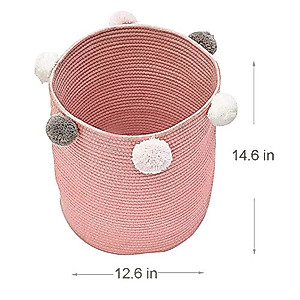Leadtimes Pink Cotton Rope Storage Baskets 12.6" x 12.6" x 14.6" Woven Baby Cute Pompoms Orangizer Bins for Laundry, Cloths, Home Decoration