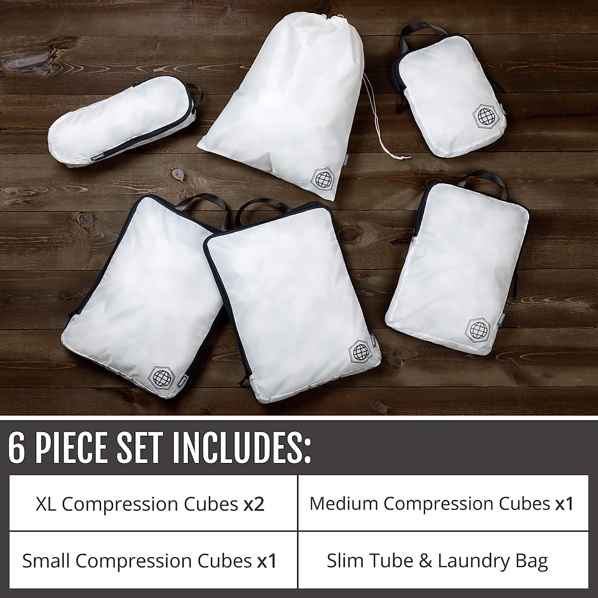Extra Large Compression Packing Cube 6 Piece Set for Travel and Check Luggage (White/Grey)