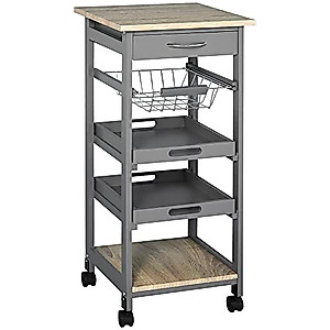 HOMCOM Mobile Rolling Kitchen Island Trolley Serving Cart with Underneath Drawer & Slide-Out Wire Storage Basket, Grey