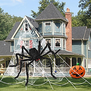 EZIGO Halloween Spider Decorations 3PCS Giant Spider Huge Spider Web Stretch Web Component of Huge Spider and Mega Spider Web Halloween Party Supplies Yard Halloween Outdoor Décor Haunted Decoration