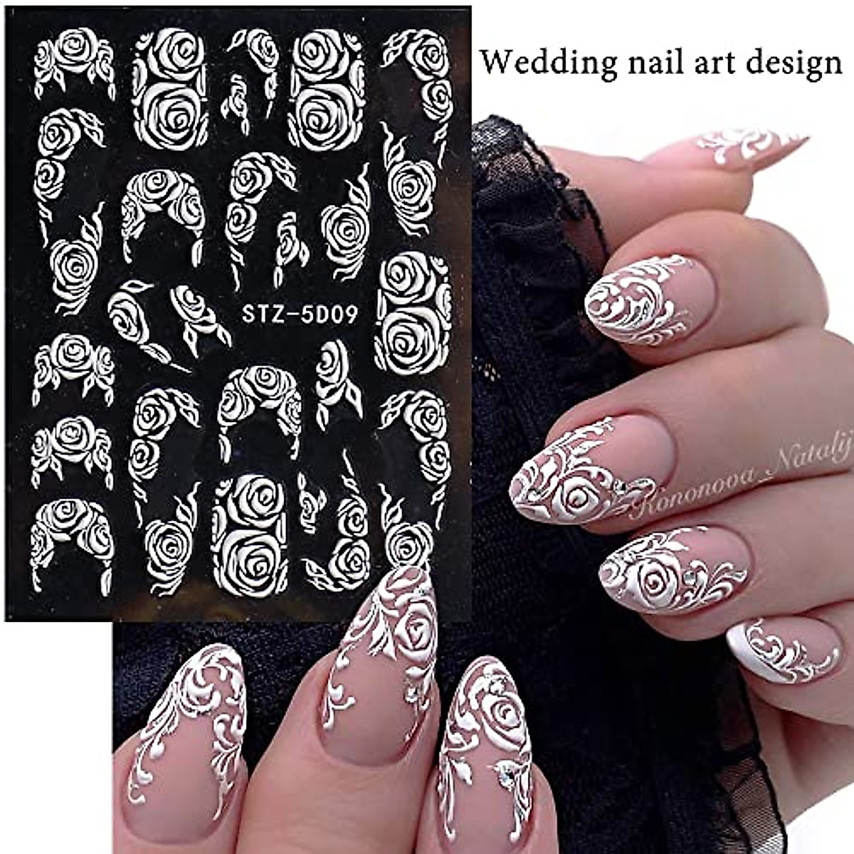 Flower Nail Art Stickers Decals, 8 Sheets 5D Engraved Flower Nail Decals White Wedding Nail Art Accessories French Tips Nail Designs Self Adhesive Lace Flower Carving Nail Stickers for Women Girls