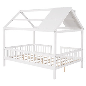AOCOROE Full Size House Bed Frames for Boys and Girls,Wood Full Bed Frame House-Shaped Canopy Bed Frame with Slats and Surrounding Guard Rails, Full Size