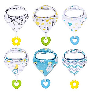 Baby Bandana Drool Bibs 6 Pack - Baby Bibs with Teething Toys/Teethers Set - Super Soft Absorbent Organic Cotton Bibs Unisex