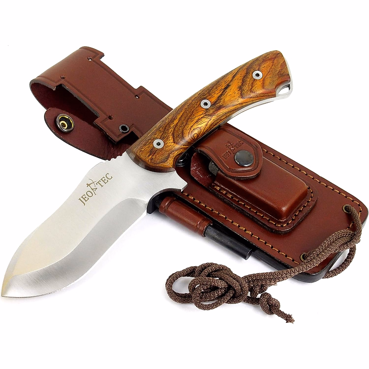 JEO-TEC Nº35 Bushcraft Survival Hunting Camping Fixed Blade Knife, MOVA-58, 10'' Overall, Genuine Leather Multi-Position Sheath + Firesteel + Sharpener Stone, Handmade