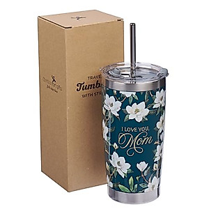 Christian Art Gifts Large Stainless Steel Double Wall Vacuum Insulated Travel Tumbler for Mothers: Love You, Mom, Inspiring Scripture, Hot/Cold, Flip Top Lid, Resusable Straw, Dark Teal Floral, 18 oz.