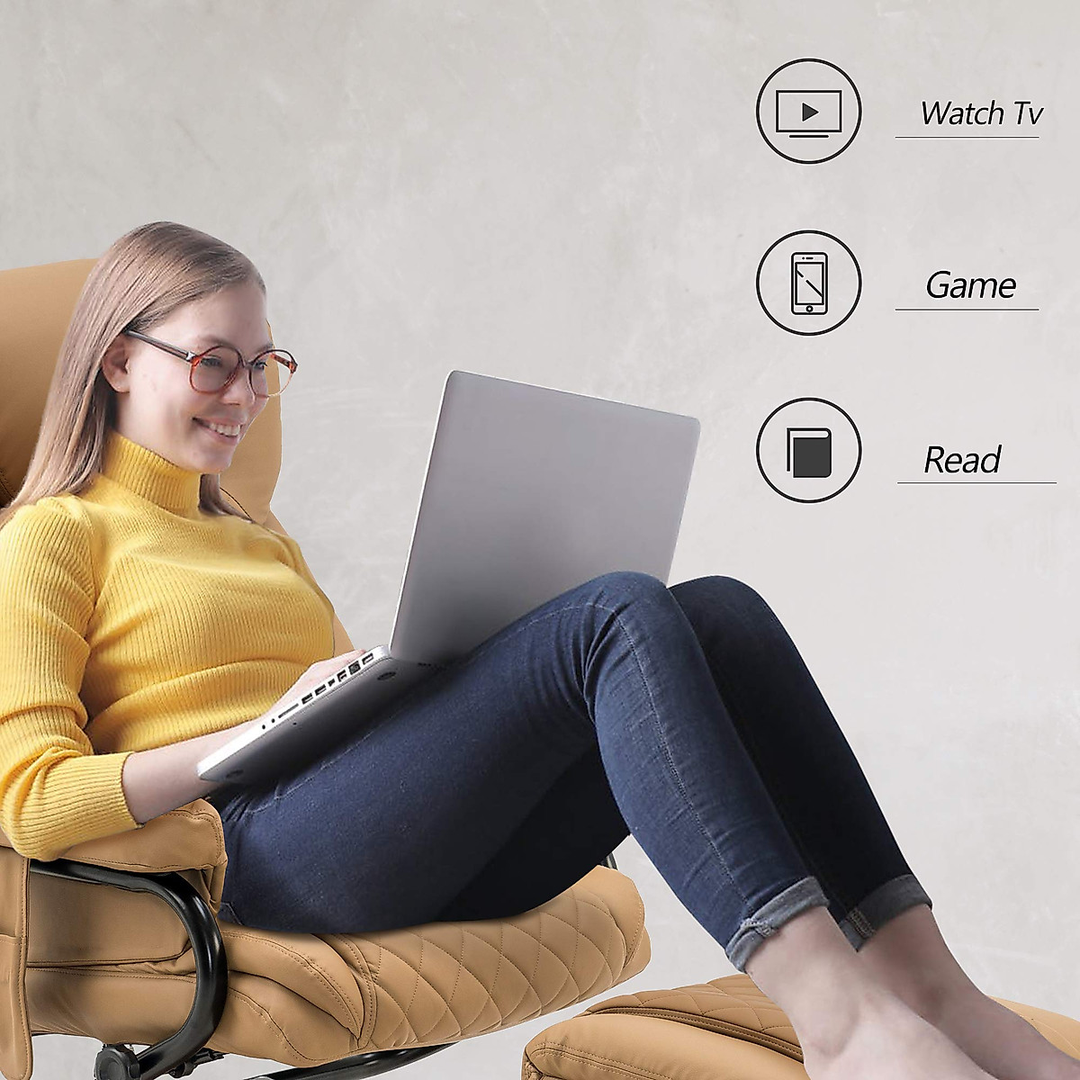 MCombo Recliner with Ottoman, Reclining Chair with Massage, 360 Swivel Living Room Chair Faux Leather, 4901 (Cognac)