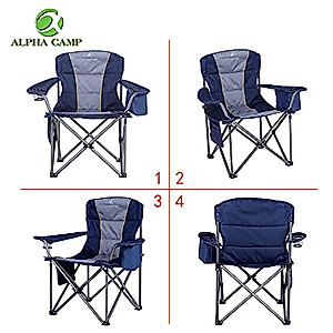 ALPHA CAMP Oversized Camping Folding Chair Heavy Duty with Cooler Bag Support 450 LBS Steel Frame Collapsible Padded Arm Quad Lumbar Back Chair Portable for Lawn Outdoor,Blue