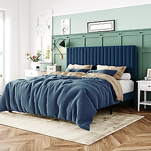 Allewie Queen Bed Frame, Velvet Upholstered Platform Bed with Adjustable Vertical Channel Tufted Headboard, Mattress Foundation with Strong Wooden Slats, Box Spring Optional, Easy Assembly, Blue