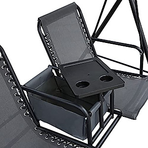 Outsunny 2-Seat Patio Swing Chair, Outdoor Canopy Swing Glider with Pivot Storage Table, Cup Holder, Adjustable Shade, Bungie Seat Suspension and Weather Resistant Steel Frame, Grey