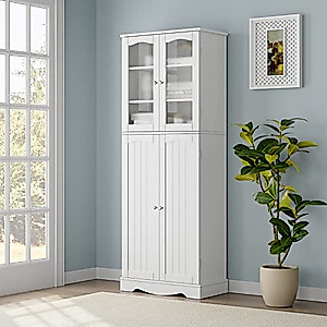 HORSTORS 64" Kitchen Pantry Cabinet, Modern Tall Cabinet with Glass Doors and Adjustable Shelves, Freestanding Utility Storage Cabinet Cupboard for Kitchen, Living Room, Dining Room, White