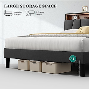 YITAHOME Queen Size Bed Frame, LED Bed Frame with Storage Bookcase Headboard, Upholstered Platform Bed with Charging Station, No Box Spring Needed, Easy Assembly, Grey