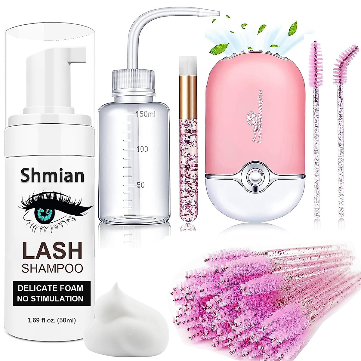 Shmian Lash Shampoo for Lash Extensions, 50ml Eyelash Foam Cleanser and 50 Pcs Eyelash Brush and Rinse Bottle Mini Fan Oil Free/Sulfate Free Eyelash Wash Remover For Eyelash Extension Makeup Removel