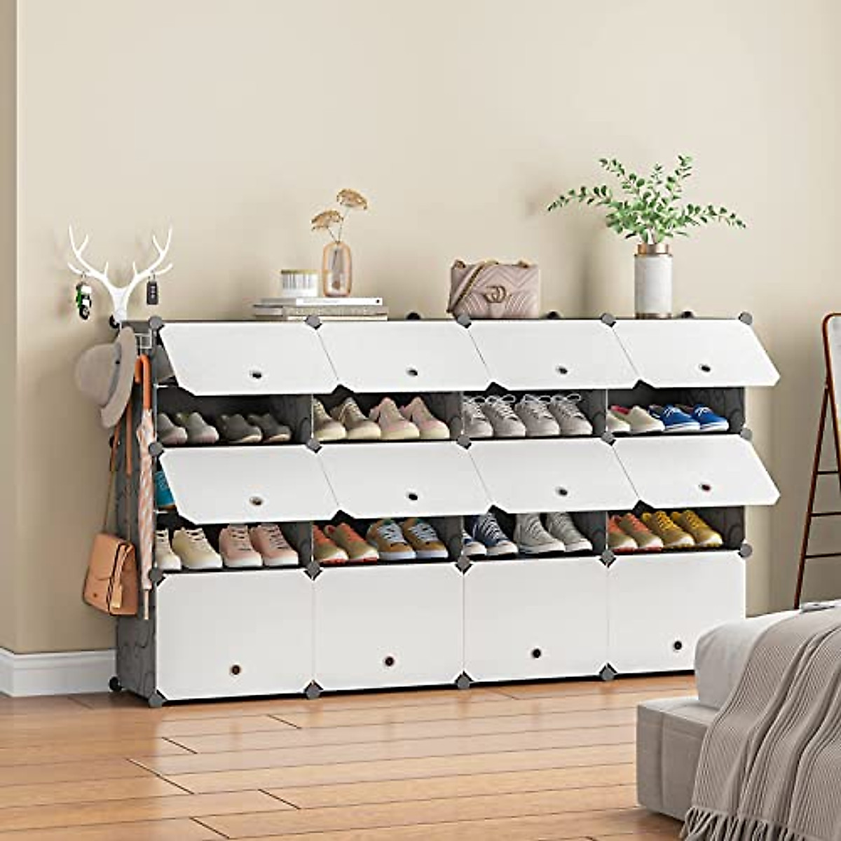 Aeitc Shoe Rack Organizer DIY Shoe Organizer with Key Hook Expandable Shoe Storage Cabinet Stackable Space Saver Shoe Rack for Entryway, Hallway and Closet,48 Pair,white doors