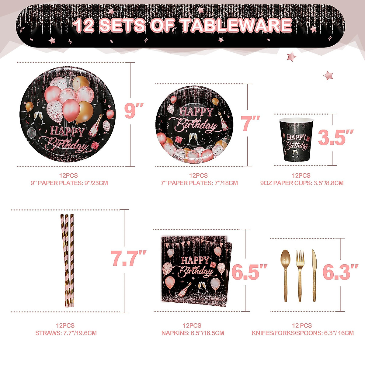 210PCS Birthday Decorations For Women ,Rose Gold and Black Party Decorations Kit,Happy Birthday Supplies Set - Tableware Pack, Balloon Pump, Banner, Fringe Curtain, Latex Balloons For 12 Guest