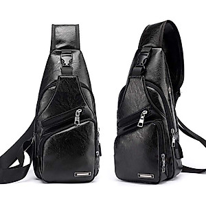 Men's Leather Sling Bag Multipurpose Daypack Shoulder Chest Crossbody Bag Black with USB Charging Port (Black)