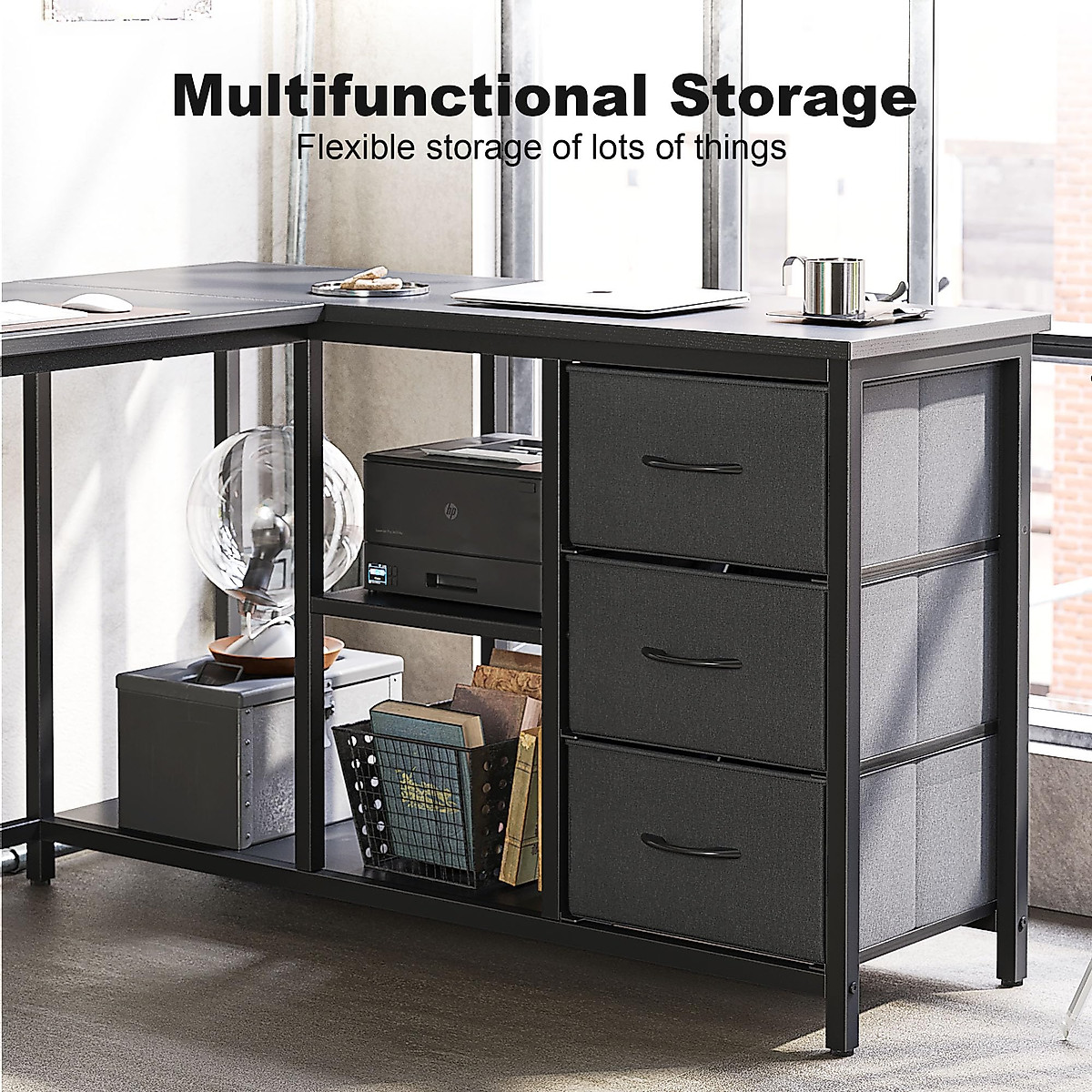 Treesland L Shaped Desk with Drawers, Computer Desk with Storage & Shelves, Corner Desk with Storage, Home Office Desks with Drawers, L Shape Desks with Storage, Black