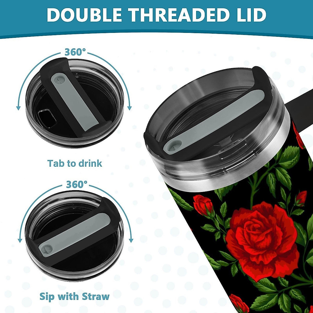 Yasala Car Tumbler with Handle Rose Leaves Travel Mug Coffee Cup Insulated Beverage Container Mega Cup for Hot Cold Drinking Thermos Water Bottle Cupholder Friendly 40 oz