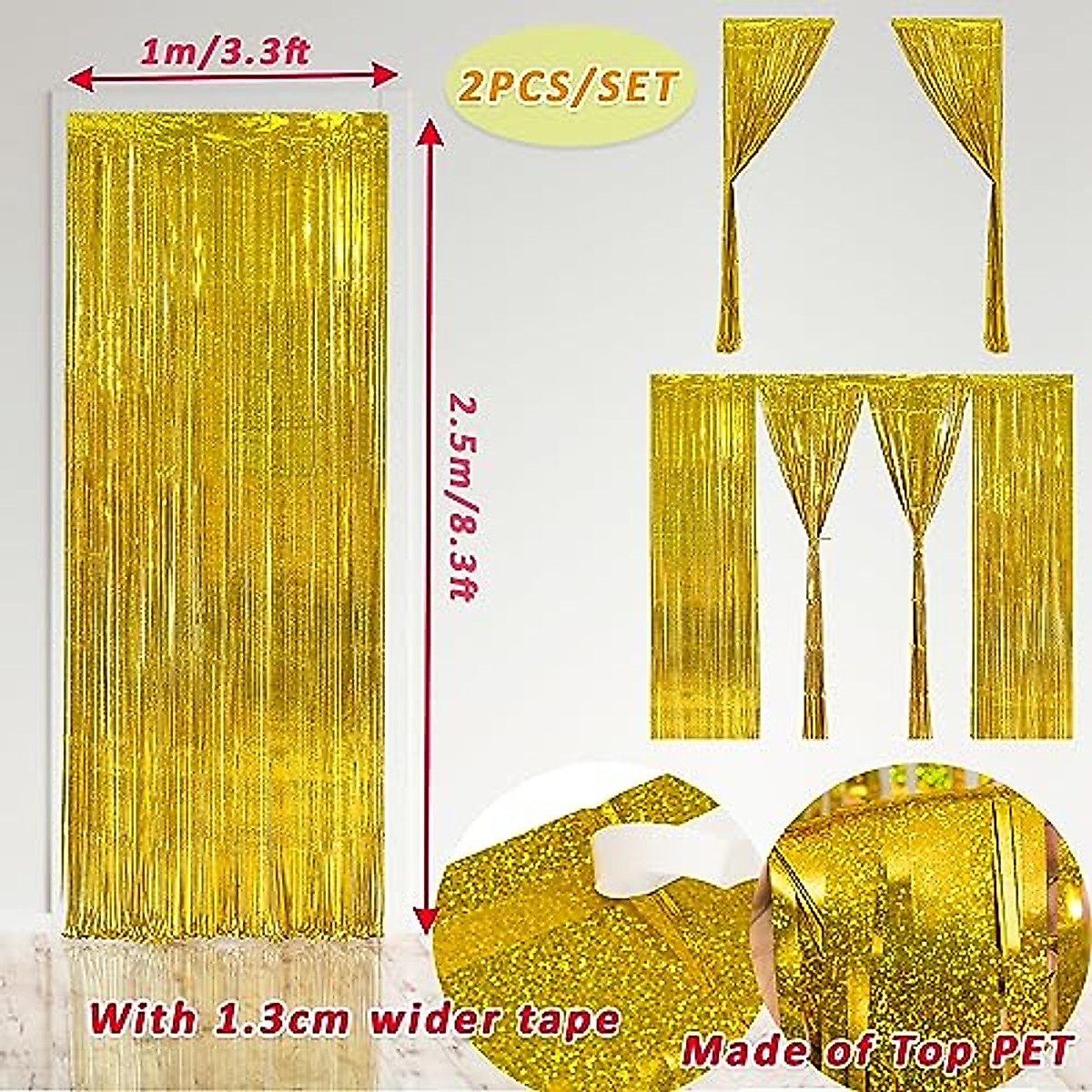 MALANKU 2 Pack Gold Fringe Curtain Backdrop Party Decorations - 3.3 x 8.2ft Gold Foil Curtain Tinsel Backdrop Photo Backdrops for Birthday New Year Graduation Bachelorette Retirement Party Decorations