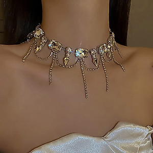 Jeairts Rhinestone Necklace Silver Crystal Choker Glitter Tassel Prom Necklace Full Crystal Necklaces Jewelry for Women and Girls