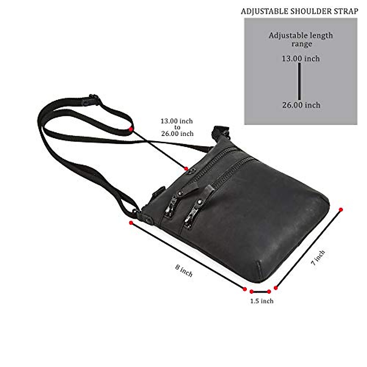 Cochoa Small Triple Zip Real Leather Women's Crossbody- Premium Vintage Crossover Shoulder Sling Bag (8" x 7" x 1.5", Black Crazy Horse)