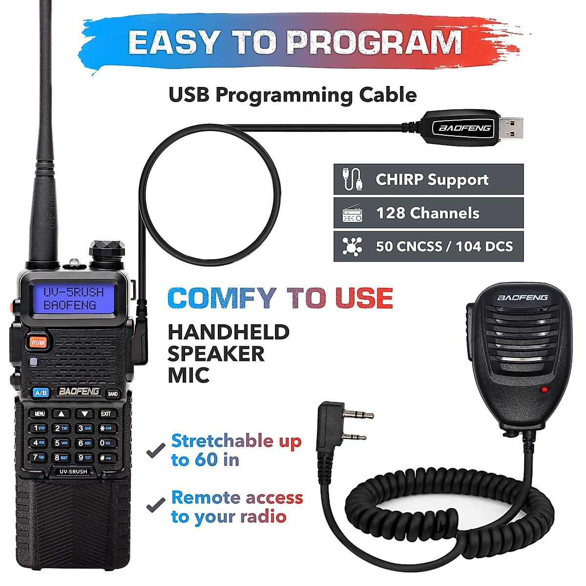 youRUSH Ham Radio Kit Baofeng UV-5R 8W ham radio handheld 3800mAh & 2800mAh BL-5 Extended Batteries & Foldable Antenna 18.7”, Speaker Mic, USB Charger, USB Baofeng programming cable Baofeng BF-F8hp