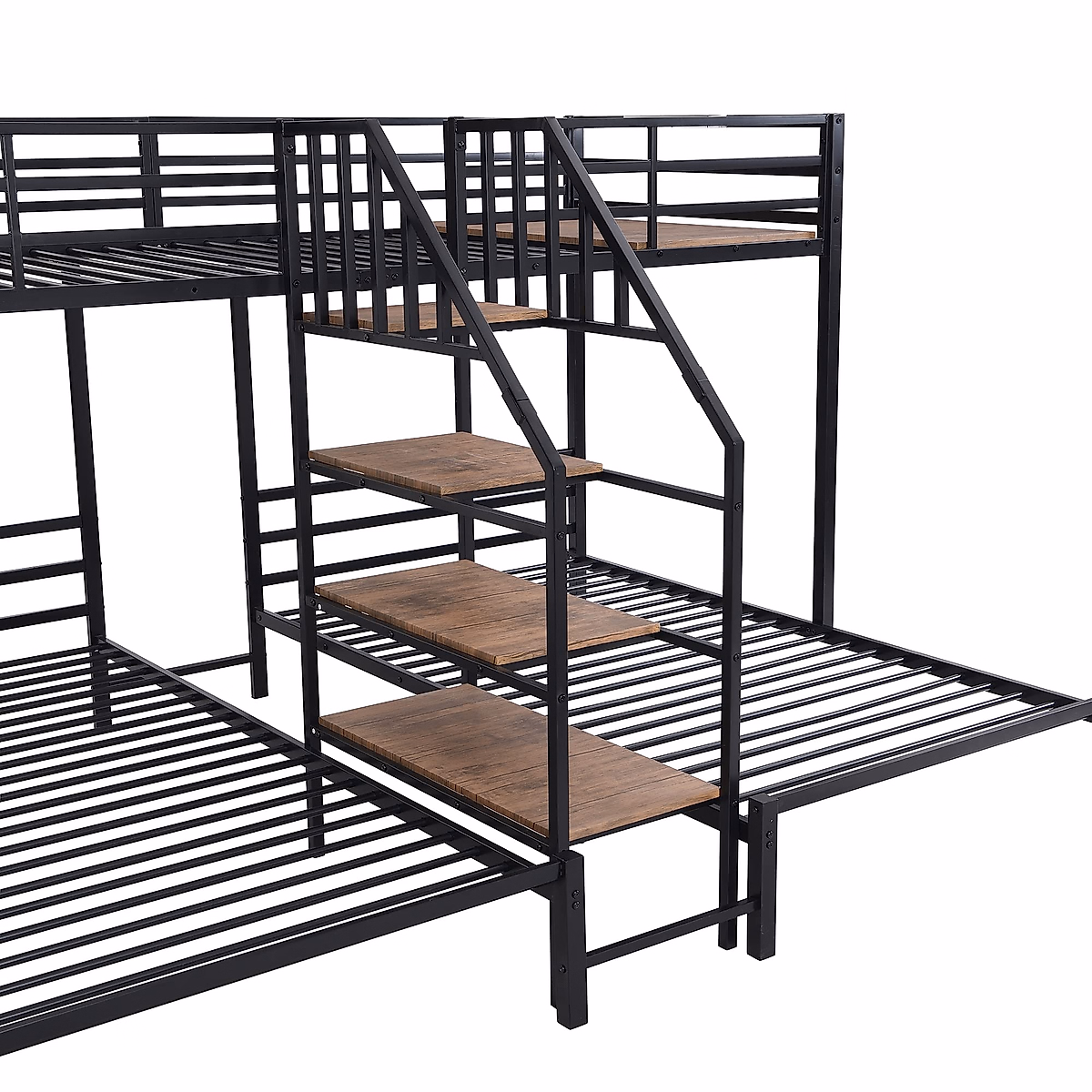 BIADNBZ Twin Size Triple Bunk Bed for 3 Kids Teens, Metal L-Shaped BunkBed with Stairs and Built-in Storage Shelves, for Bedroom Guest Room, Black