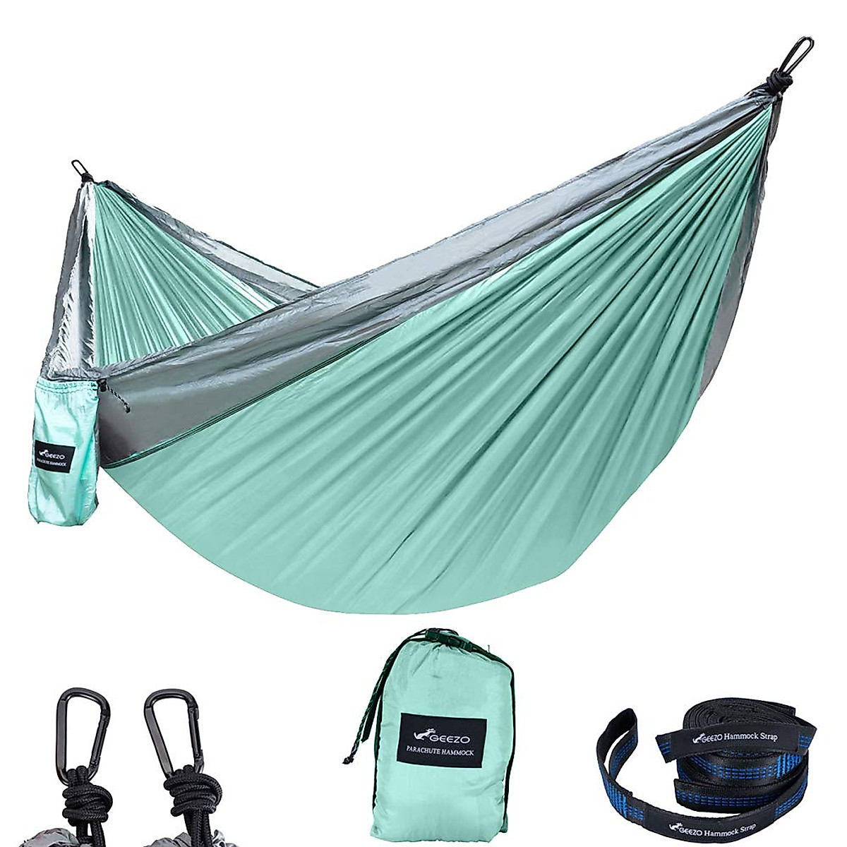 GEEZO Double Camping Hammock, Lightweight Portable Parachute (2 Tree Straps 16 LOOPS/10 FT Included) 500lbs Capacity Hammock for Backpacking, Camping, Travel, Beach, Garden
