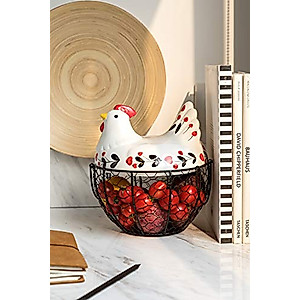SURVEEL Black Wire Egg Storage Basket with Ceramic Chicken Shaped Top Egg Basket with Handles for Fresh Eggs Cute Chicken Kitchen Home Décor