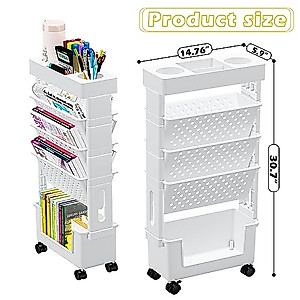 YFXCVSL 5 Tier Book Rack Storage Bookshelf, Mobile Bookshelf with Wheels, Movable Unique Bookcase Small Rolling Bookshelf, Mobile Book Cart Organizer Bookshelves for Office, Dorm, Classroom, White