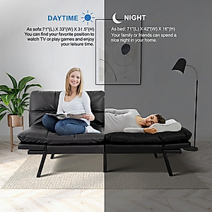 MUUEGM Faux Leather Futon Sofa Bed, Convertible Memory Foam Couch Bed, Modern Love Seat for Living Room,Compact Space,Apartment,Office,Adjustable Backrests Armrests Couch Sleeper,71" Matte Black