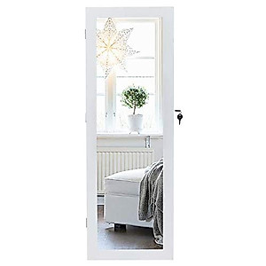 NALLBEIRRAA Jewelry Armoire Cabinet Full Length Hanging Mirror, Makeup Storage Organizer, Wall Mounted, w/Interior Mirror, LED Lights, Lock, Brush Holders, 4 Shelves (White3) …