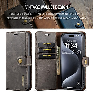 Smartphone Flip Cases Compatible with iPhone 15 Pro Max Case, DG.MING 2 in 1 Clucth Retro Real Cowhide Leather Folio Flip Wallet Magnetic Detachable Slim Phone Cover Case Compatible with iPhone 15 Pro