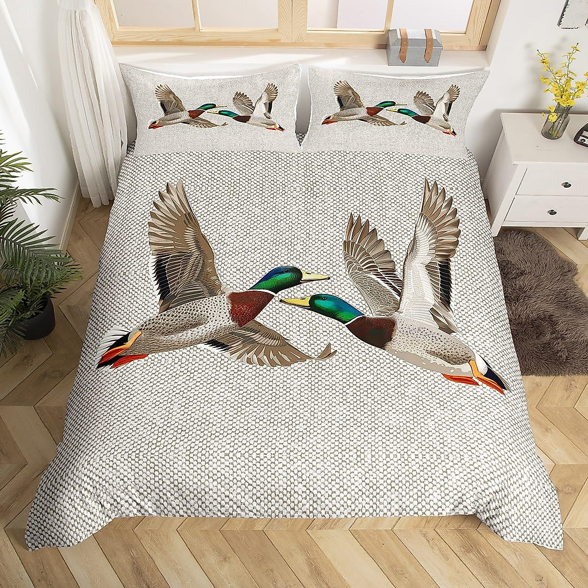 Mallard Duck Bedding Set Queen Wild Animal Comforter Cover, Grey Honeycomb Bed Set Lake Wildlife Duvet Cover, Modern Geometric Hexagon Bedspread Cover Hunting Theme Home Decor 3pcs (Zipper Closure)