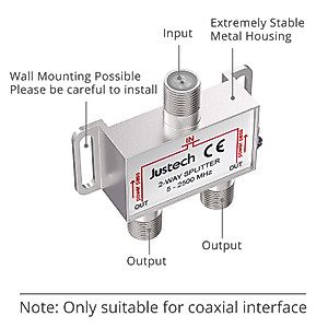 Justech 2 Way Coaxial Cable Splitter 5-2500MHz Frequency Range with 2 Cable for Sky Box CATV, Satellite TV, MoCA Configurations Telewest Eurovox Starview Dreambox
