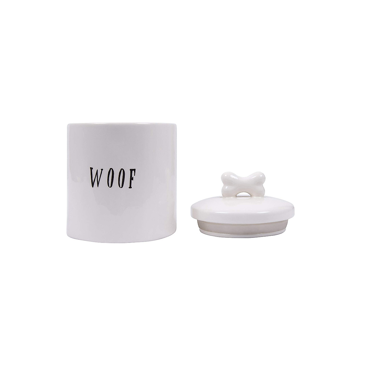 Creative Co-Op Farmhouse Ceramic Jar with "Woof" Message and Lid with Bone, White and Black