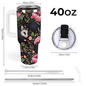 Cute Possum Flowers 40 Oz Stainless Steel Cup Travel Tumbler with Handle and Straw Lightweight Coffee Mug for Home Office