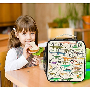 Pfrewn Dinosaur Lunch Box Alphabets With Dinosaurs Lunch Bag Insulated Reusable Cooler Meal Prep Bags Dino Animals Lunch Tote with Shoulder Strap for School Kids Boys Teens Office Adults