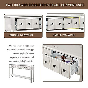 P PURLOVE Console Table Rustic Entryway Table 60" Long Sofa Table with 4 Drawers in Two Different Size and Bottom Shelf for Storage (Antique White)