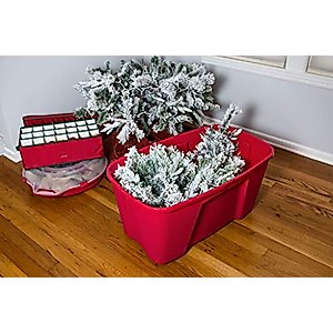 HOMZ Set of 3 Holiday Wreath Plastic Storage Containers, Holds Up to 24” Diameter, Secure Latching Lid and Easy Grip Handle, Stackable and Nestable, Red/Clear