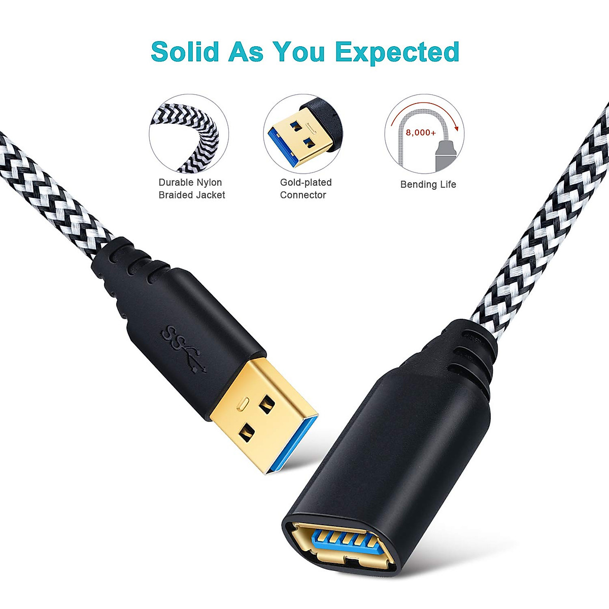 USB 3.0 Extension Cable, Besgoods 2-Pack 10ft USB to USB Extension Cable Braided USB Extender Cable - A Male to A Female Fast Data Extension Cord with Gold-Plated Connector – White