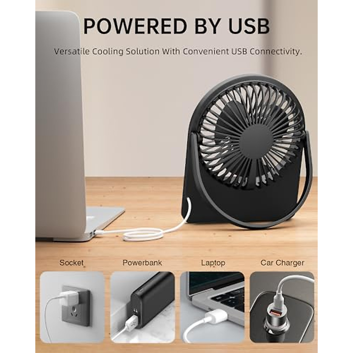 buywoo Portable USB Desk FAN, USB-A Corded Powered Small Personal Fan with 3-speed, Hangable Mini Foldable Desktop Fan with Strong Wind, Ultra Quiet for Home, Office, Desktop, Black