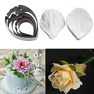 KALAIEN 5pcs Stainless Steel Peony Cutter 2pcs Fondant Silicone Mold Gumpaste Peony Sugarcraft Flower Veining Mold Veiner Petal Making Tool