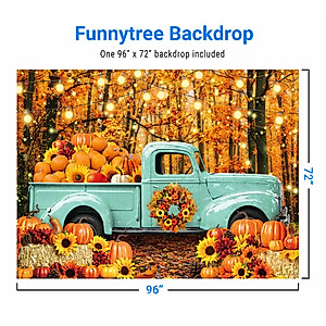 Funnytree 8 x 6 FT Autumn Forest Blue Truck Backdrop for Portrait Photography Picture Fall Harvest Pumpkin Farm Thanksgiving Day Baby Shower Friendsgiving Party Supplies Decoration Banner Background
